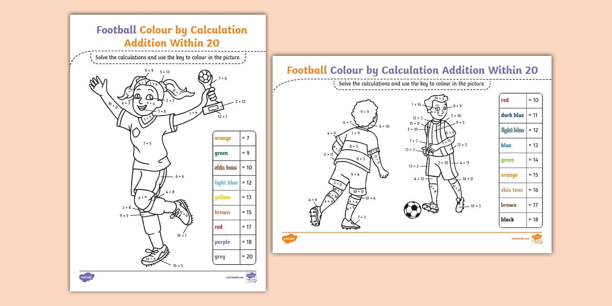 👉 Football-Themed Colour by Calculation Addition Within 20