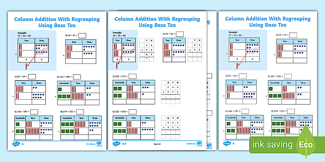 👉 Y3 Maths Column Addition with Regrouping using Base Ten