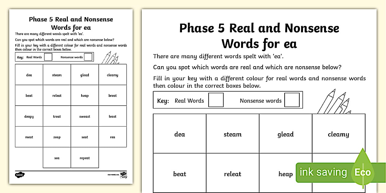 Editable Phase 5 'ea' Colour by Phoneme Real and Nonsense Words