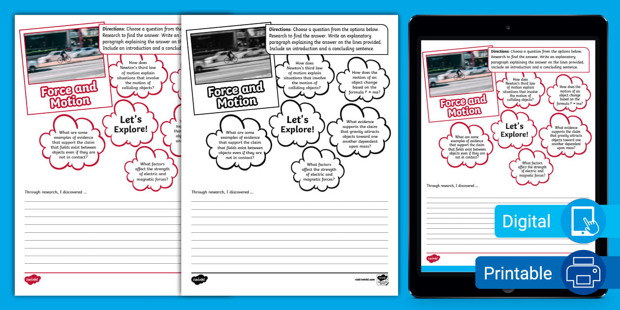 Force and Motion Research Writing Worksheet for 6th-8th Grade