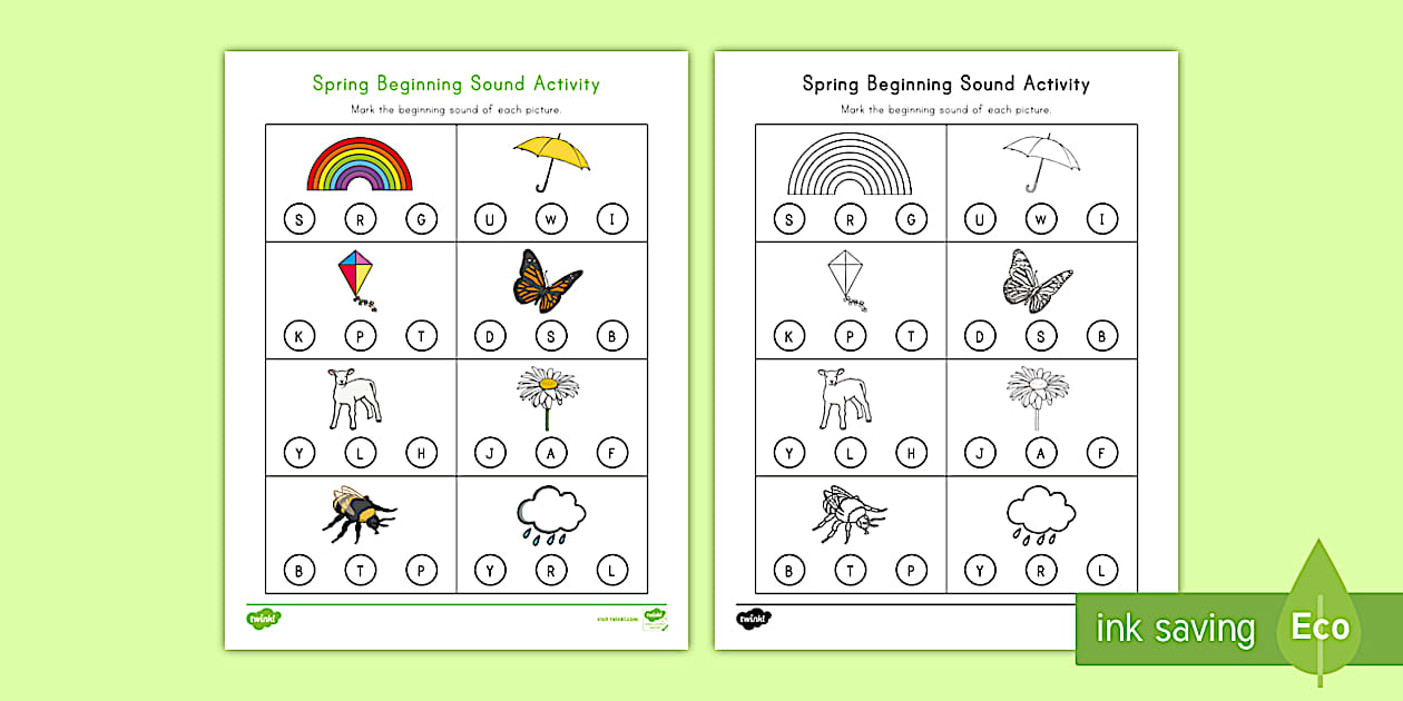 Black and White Spring Beginning Sounds Activity Worksheet