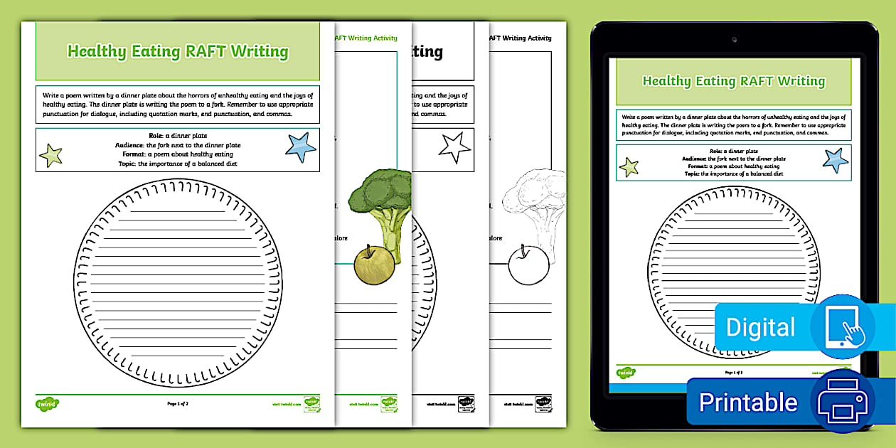 Healthy Eating RAFT Writing Worksheet with Mentor Text