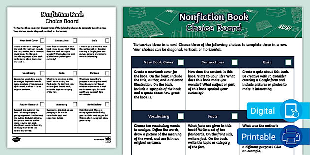 Nonfiction Book Choice Board - Volume 1 - Twinkl