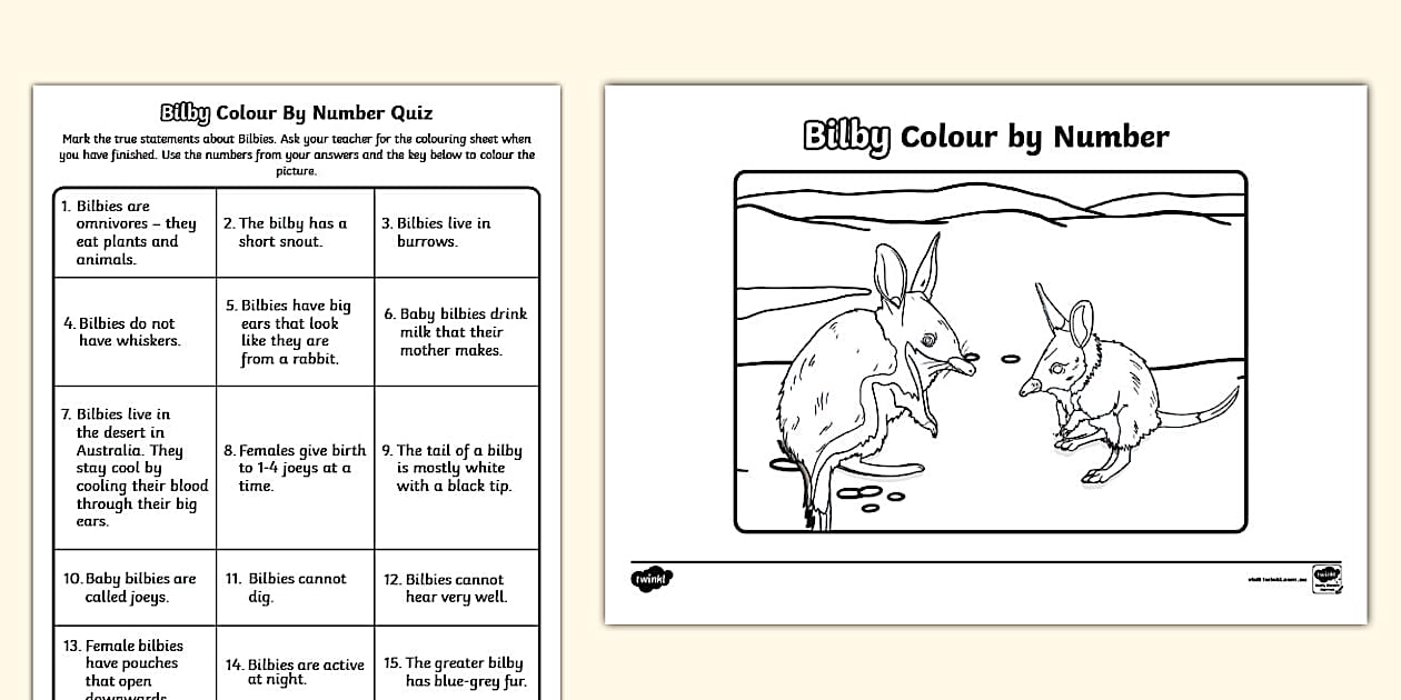 Bilby Colour By Number Quiz (teacher made) - Twinkl