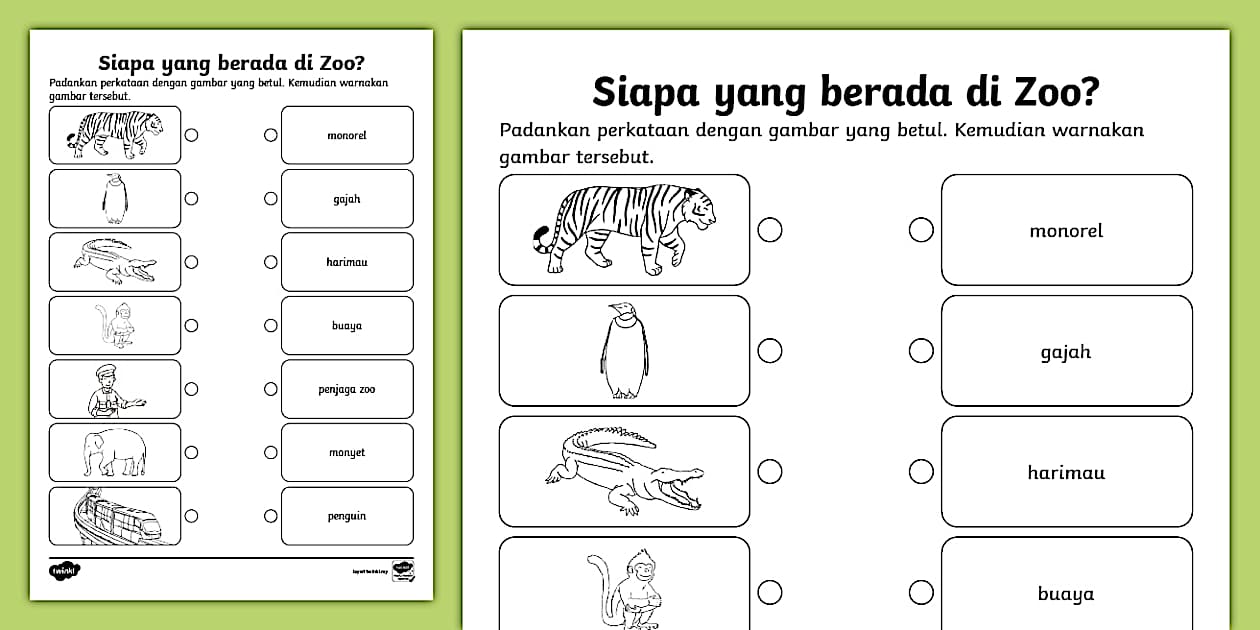 Lembaran Aktiviti - Padanan Gambar Haiwan Di Zoo - Twinkl