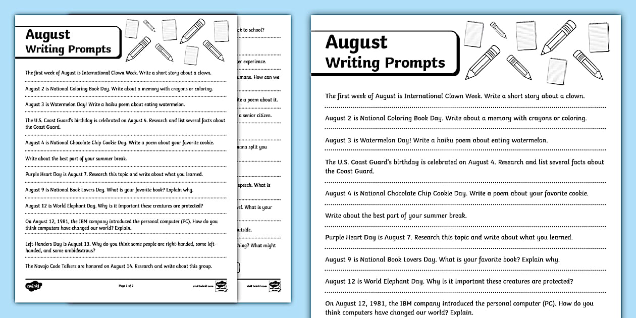 Eighth Grade Journal by the Month - August Writing Prompts