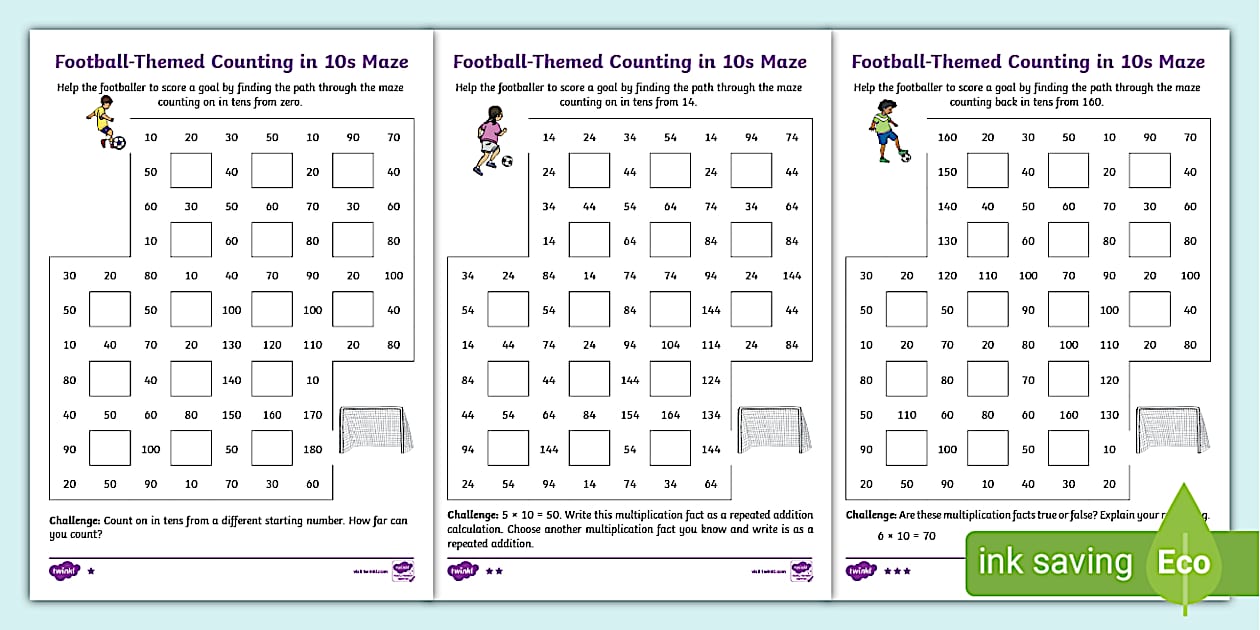 Football Themed Counting in 10s Maze Differentiated Worksheets