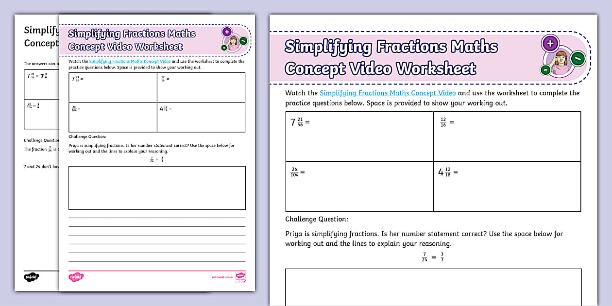 Simplifying Fractions Maths Concept Video Worksheet - Twinkl