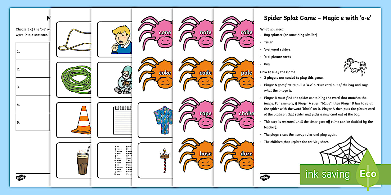 Spider Splat Magic e with 'o-e' Game (teacher made) - Twinkl