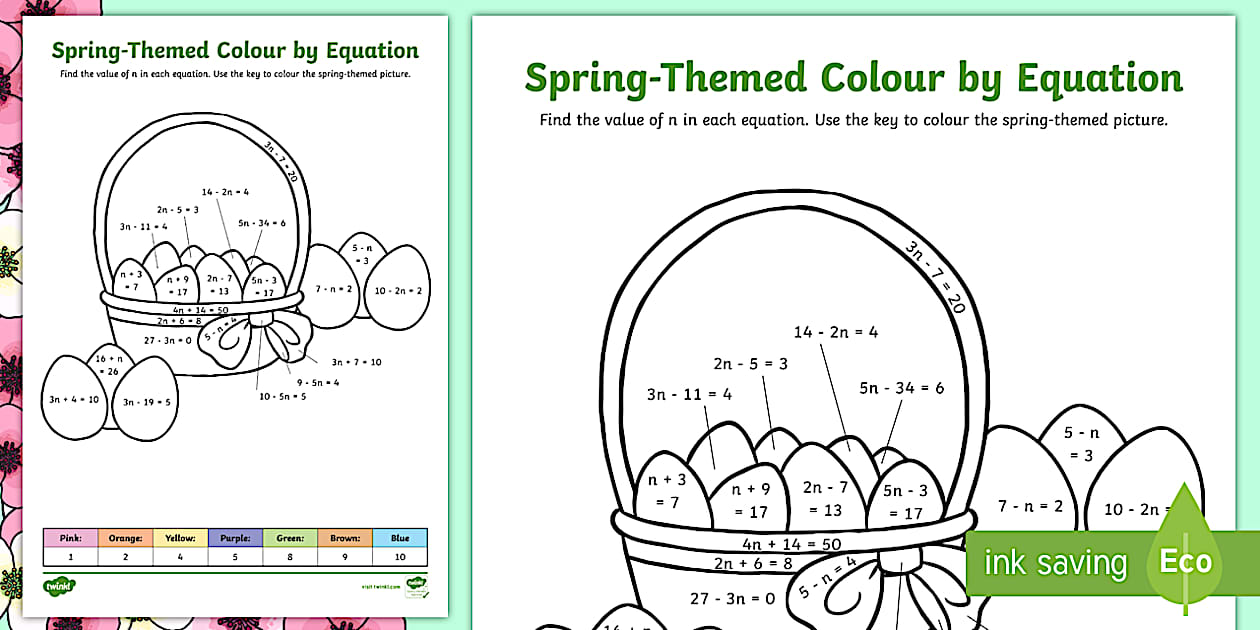 Spring Themed Colour By Equation Worksheet - Twinkl