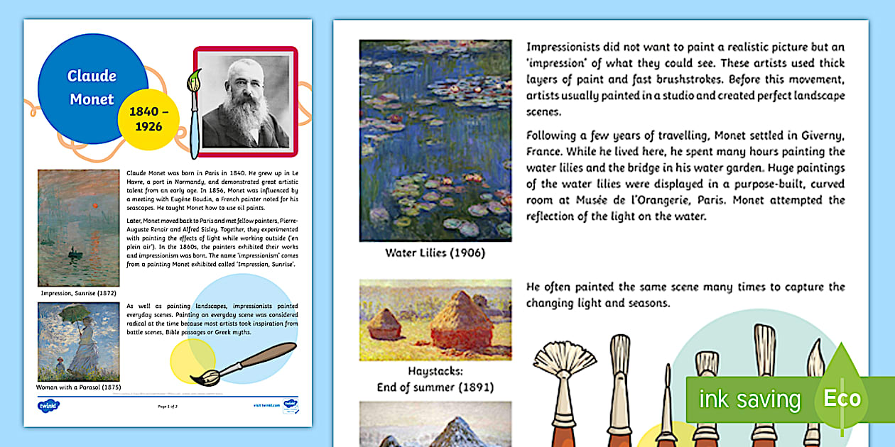 KS2 Claude Monet Facts for Children - Printable Fact Sheet