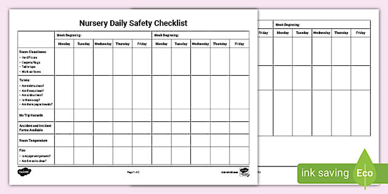 Risks and Hazards in an Early Years Setting Checklist