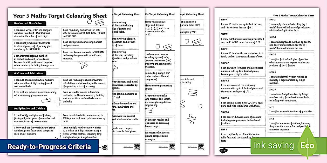 2014 National Curriculum Year 5 Maths Target Colouring Sheet