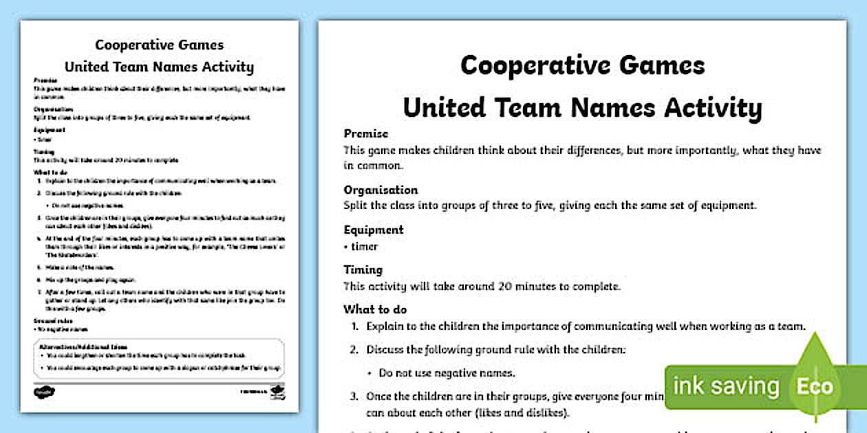 KS2 Cooperative Games United Team Names Teaching Ideas
