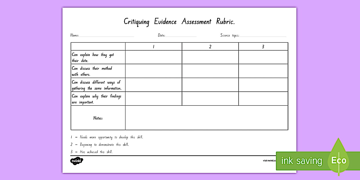 Critiquing Evidence Rubric Assessment Tracker (teacher made)