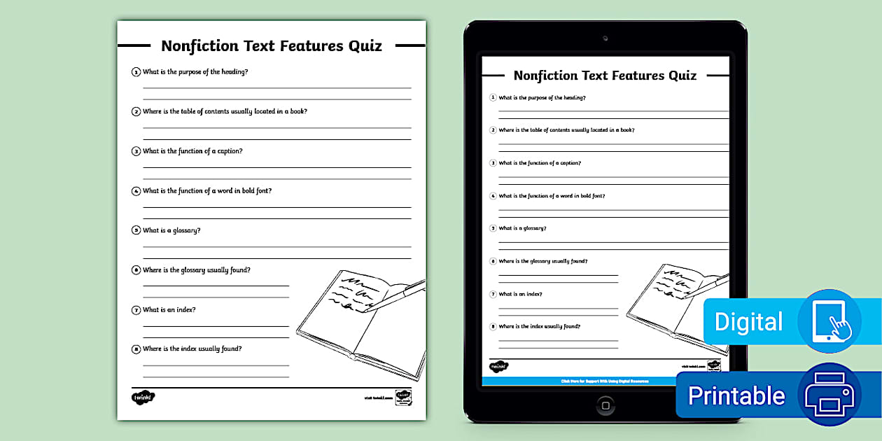 Nonfiction Text Features Quick Quiz for 3rd-5th Grade