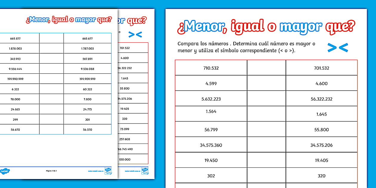 Guía de trabajo: Comparación de números de hasta 9 cifras