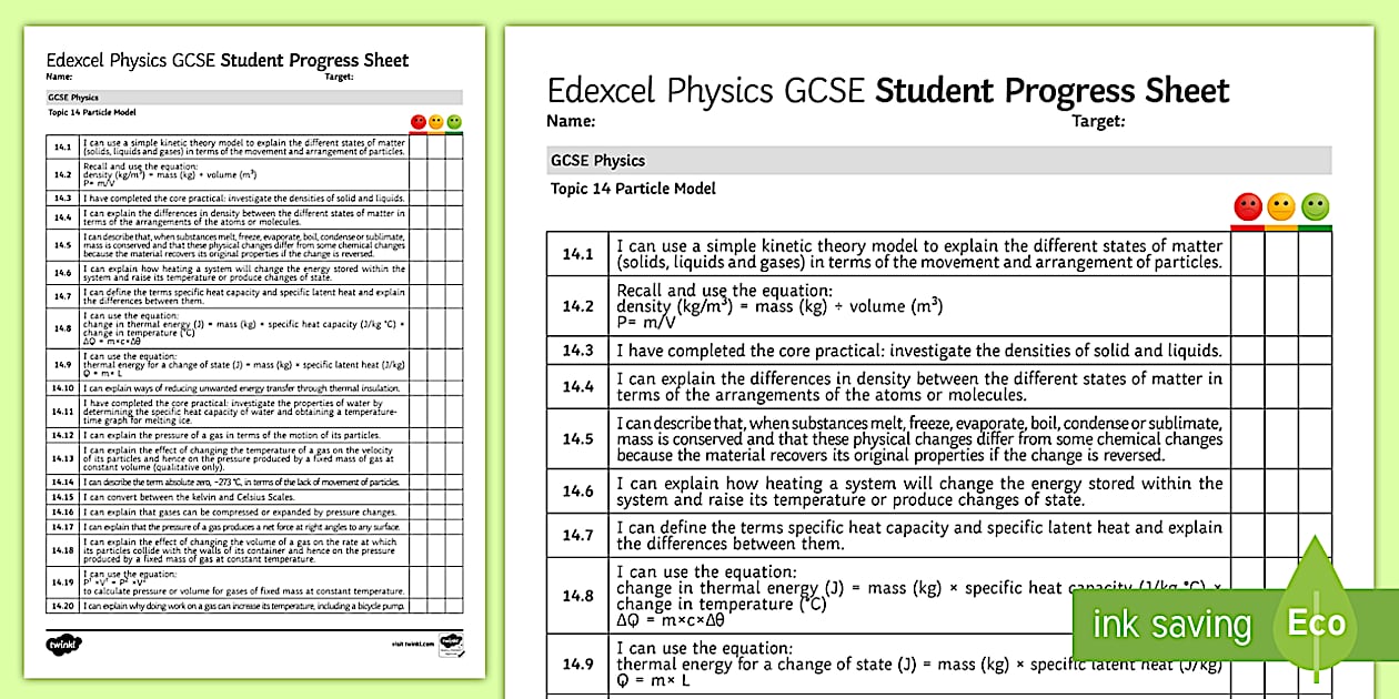 Edexcel Style GCSE Physics, Particle Model Progress Sheet