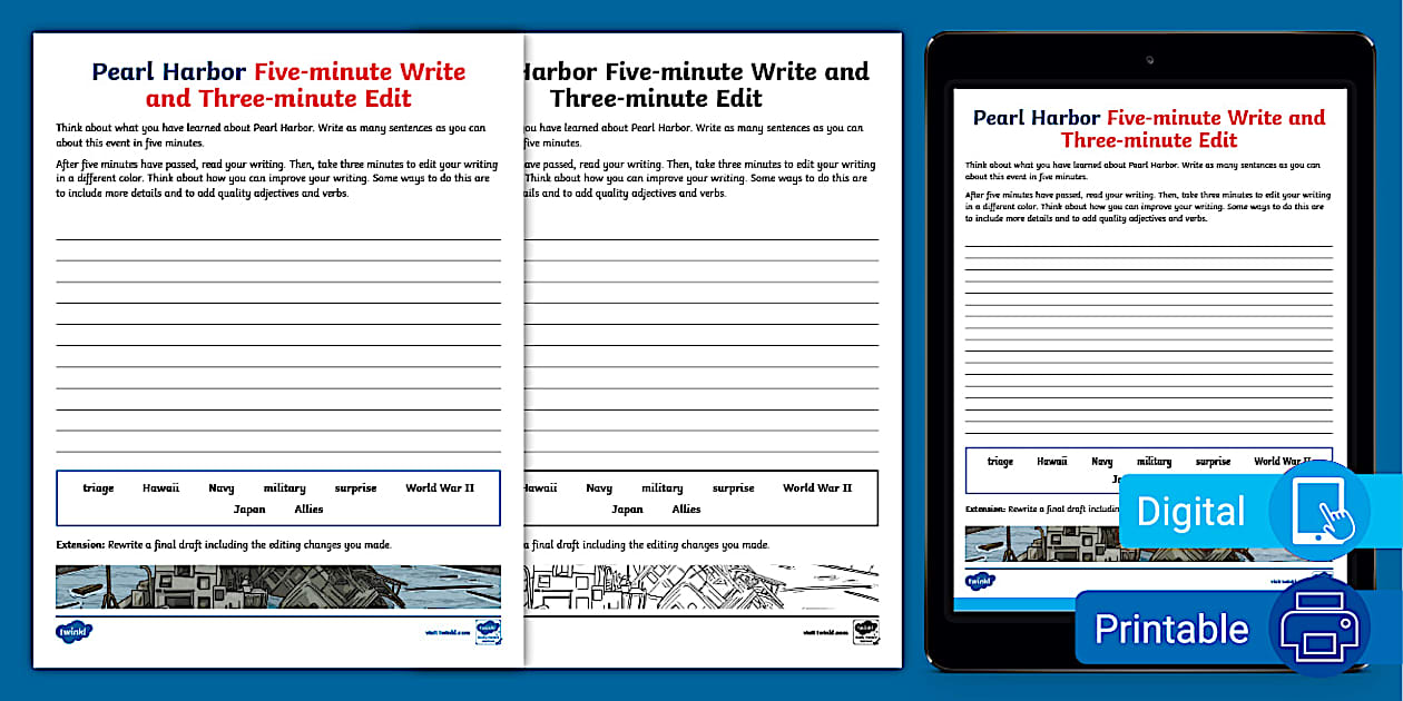 Pearl Harbor 5-Minute Write, 3-Minute Edit Activity for 3rd-4th Grade