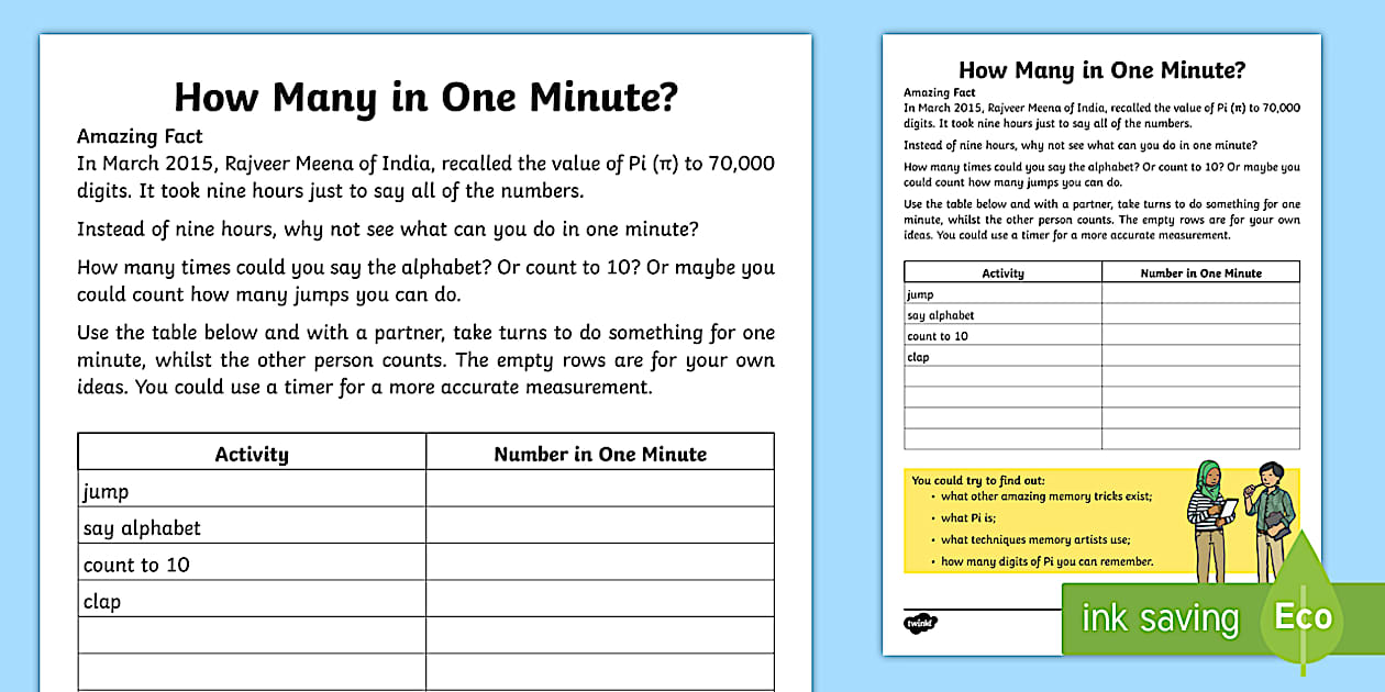 Black and White How Many in 1 Minute? Worksheet - Twinkl