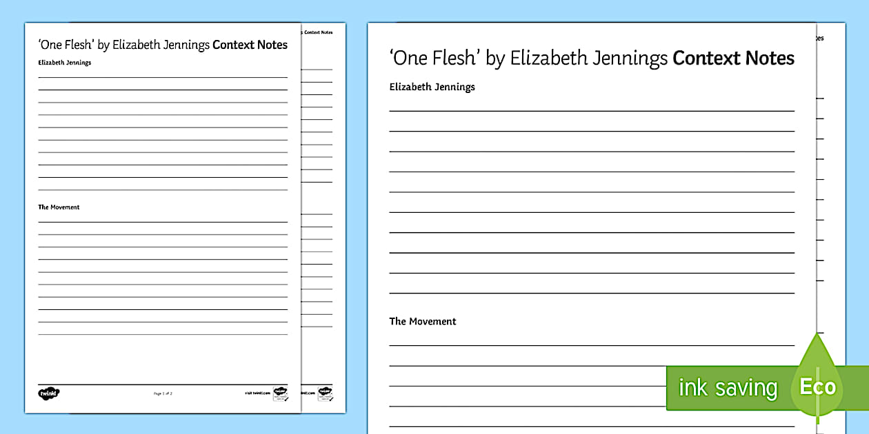 GCSE Poetry - 'One Flesh' by Elizabeth Jennings Context Notes Worksheet