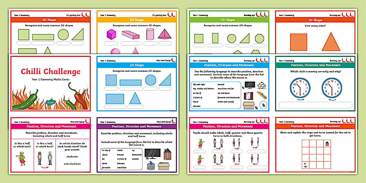 Chilli Challenge Year 1 Geometry Maths Cards (teacher made)