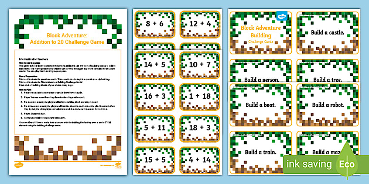 Block Adventure: Addition to 20 Challenge Game - Twinkl