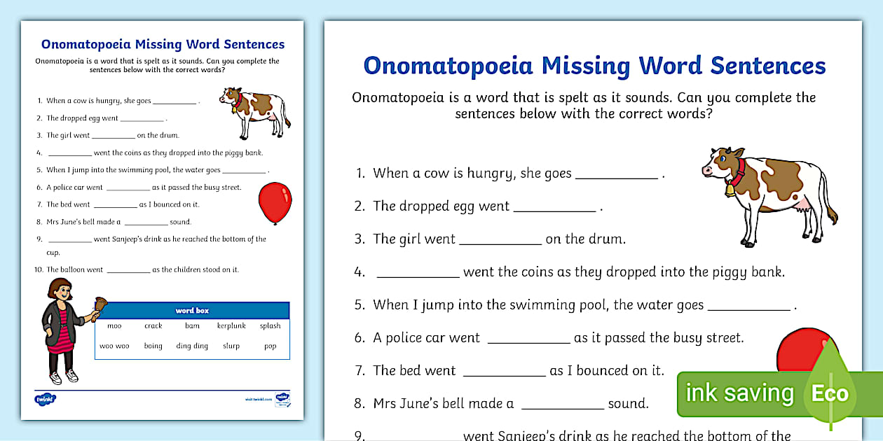 Onomatopoeia Missing Word Sentences Activity - Twinkl