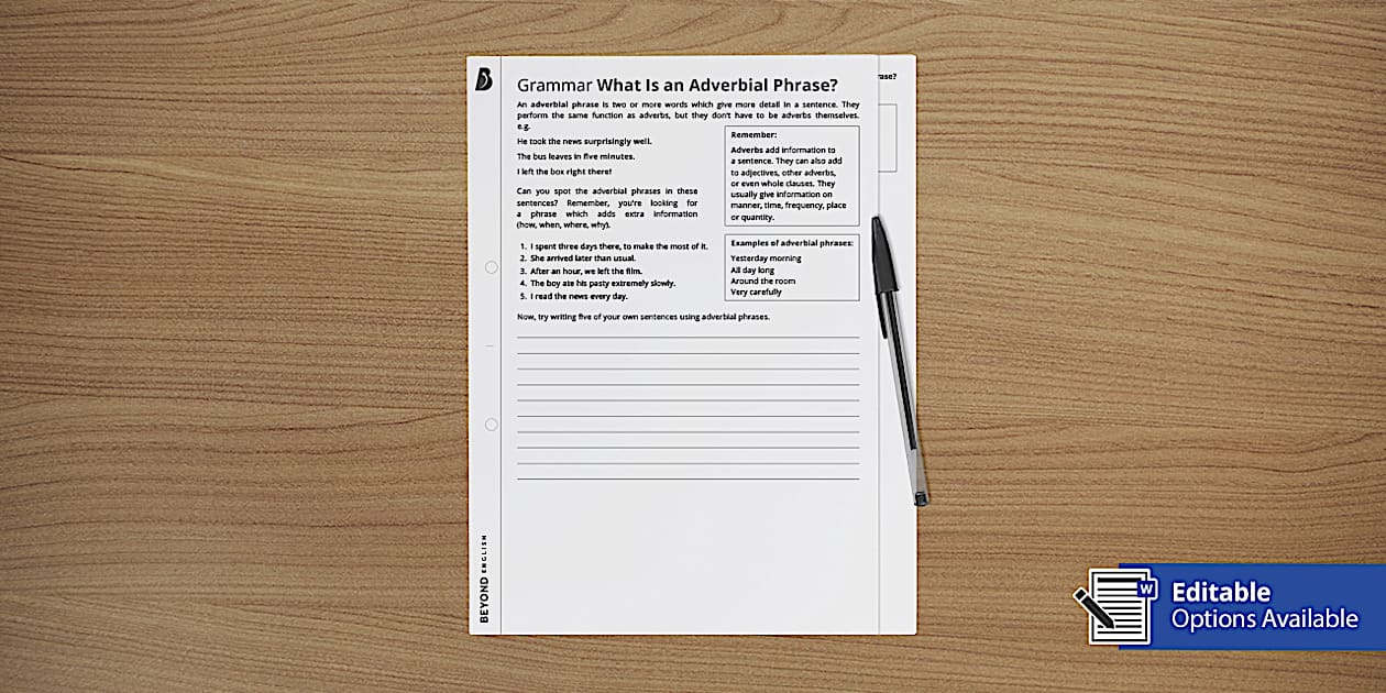 Adverbial Phrases Worksheet | KS3 SPaG | Beyond English