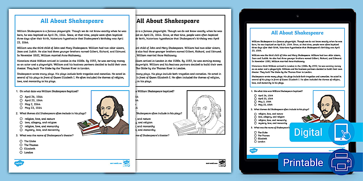 All About Shakespeare Reading Passage Comprehension Worksheet