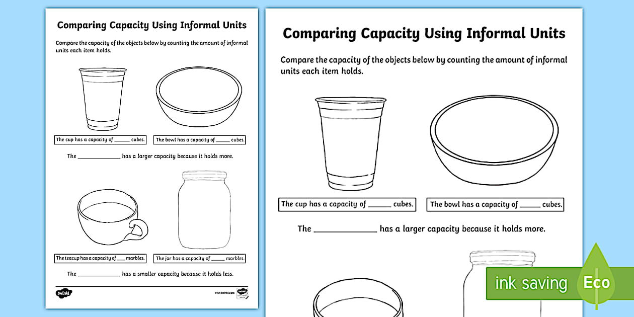 Editable Comparing Capacity Using Informal Units Worksheet