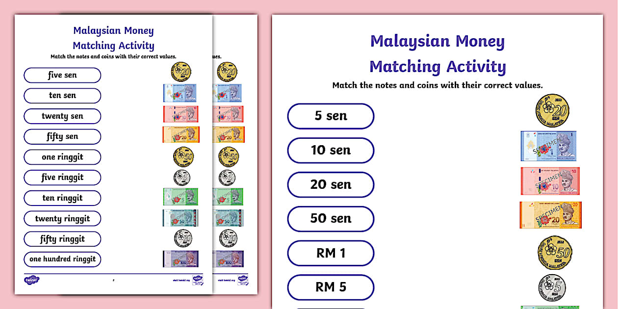 Ringgit Malaysia Money Worksheets - Matching Activity