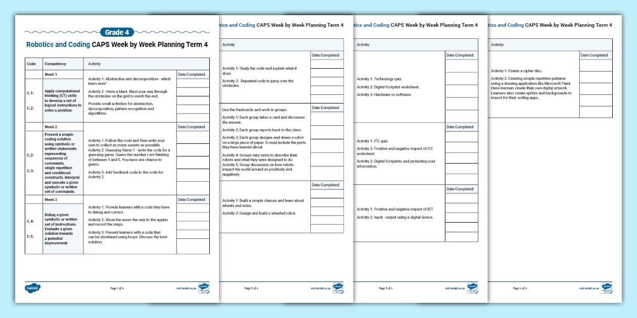 robotics and coding grade 4 week-by-week planning term 4, robotics, coding,