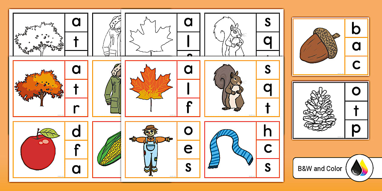 Fall Initial Sounds Clip Card Worksheet for PreK-K - Twinkl