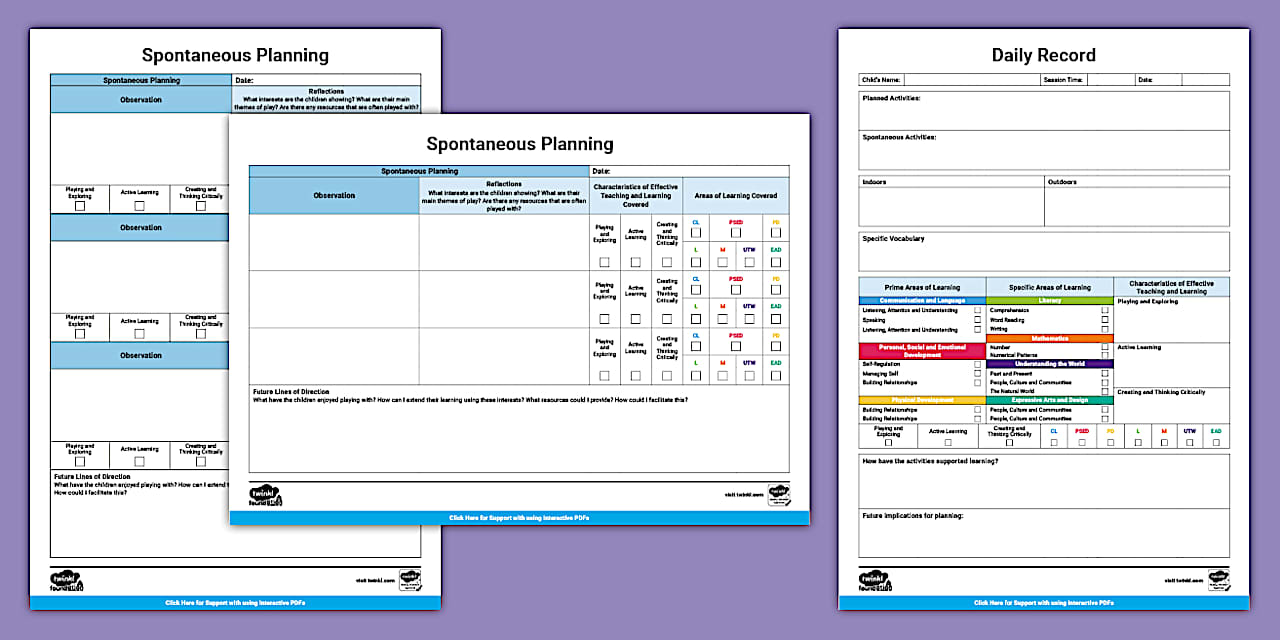 Interactive PDF: EYFS Retrospective Planning Templates Pack