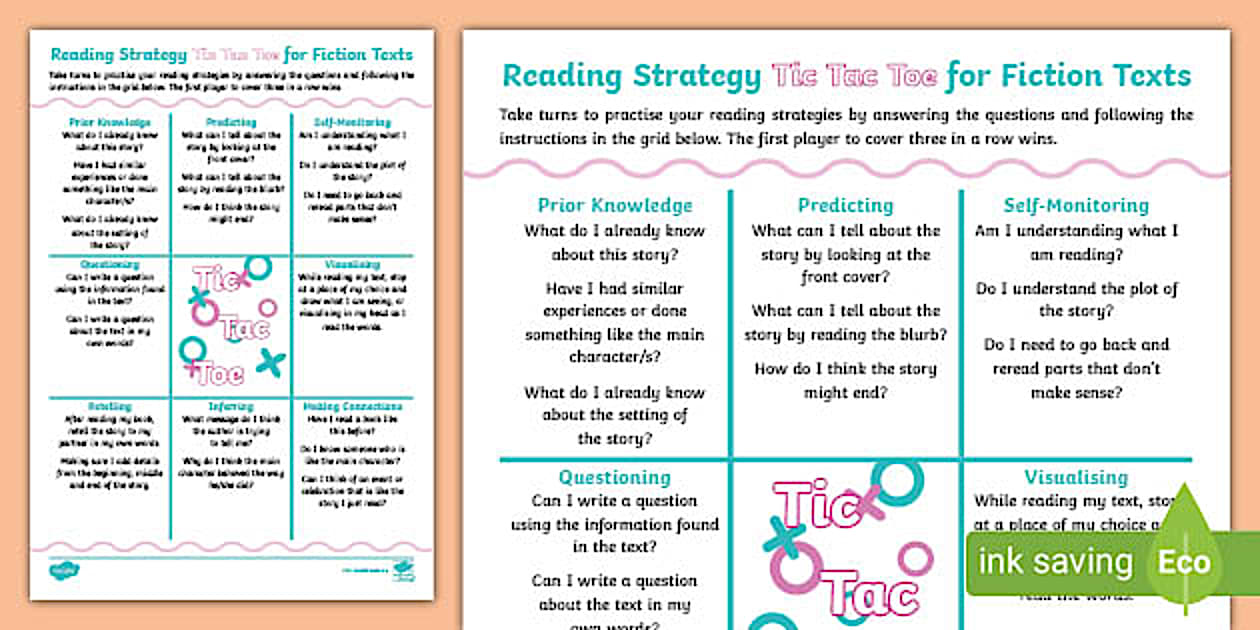 Reading Strategy Tic Tac Toe for Fiction Texts Worksheet
