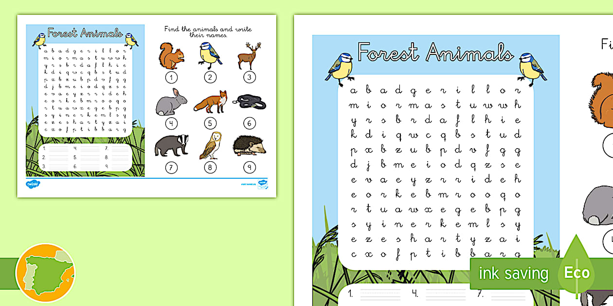 A1 Sopa de letras: Animales del bosque en inglés - Twinkl