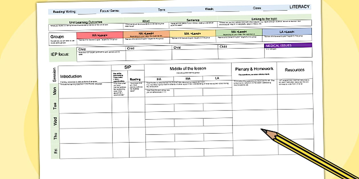 Literacy Weekly Planning Template (teacher made) - Twinkl