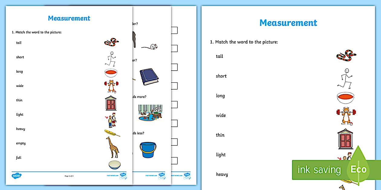 Early Level Numeracy and Mathematics Assessment - Measurement Worksheet
