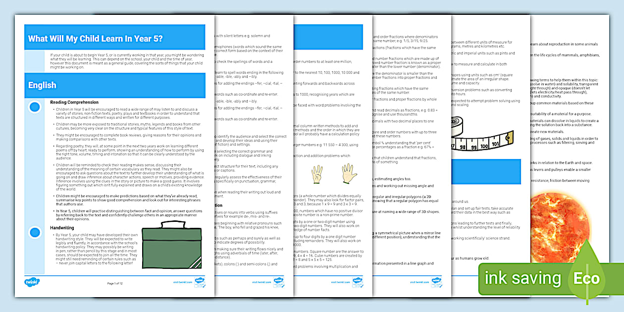 Editable What Will My Child Learn in Year 5? Information Sheets