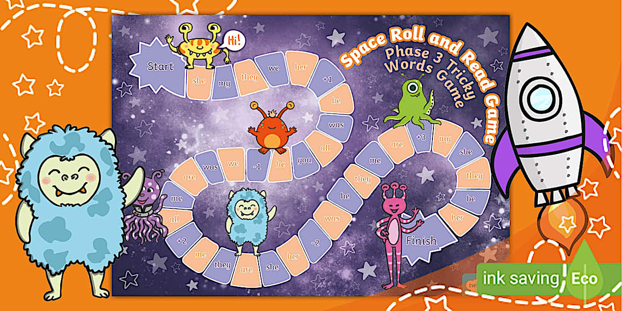 Space-Themed Roll and Read: Phase 3 Tricky Words Game