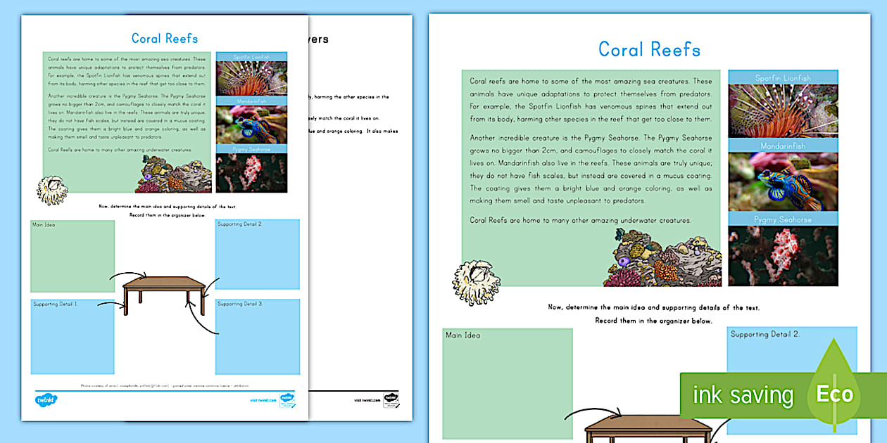 Printable Coral Reef Worksheet-- Reading Comprehension
