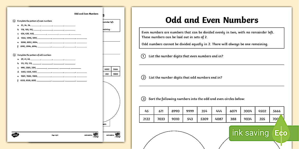 Odd/Even Number Pattern Activity Sheet 3rd/4th Class Algebra