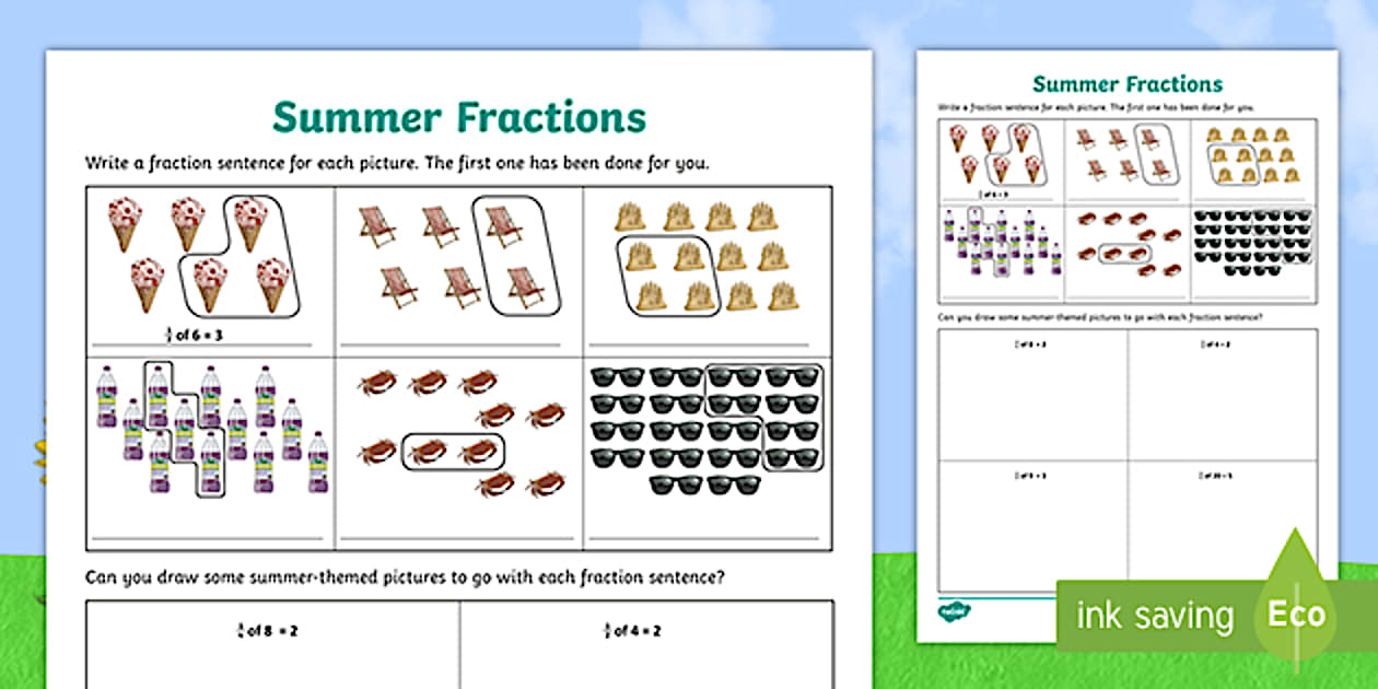 Summer Themed Fractions of Amounts Worksheets - Age 7-11