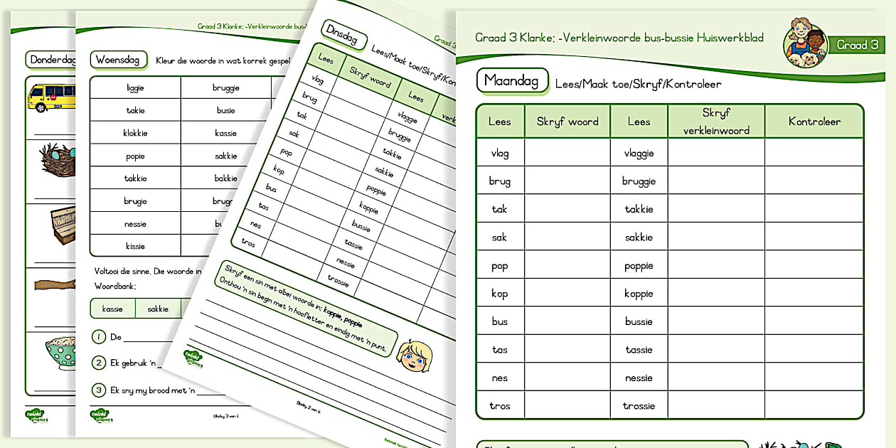 Graad 3 Klanke Huiswerkblad Verkleinwoorde bus-bussie