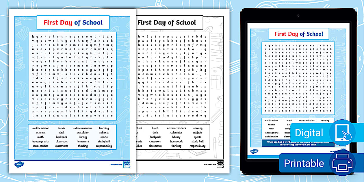 First Day of Middle School Word Search for 6th-8th Grade