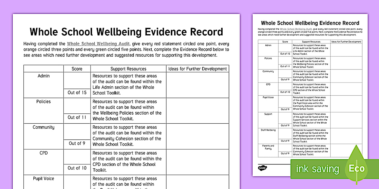 Whole School Wellbeing Evidence Record Adult Guidance