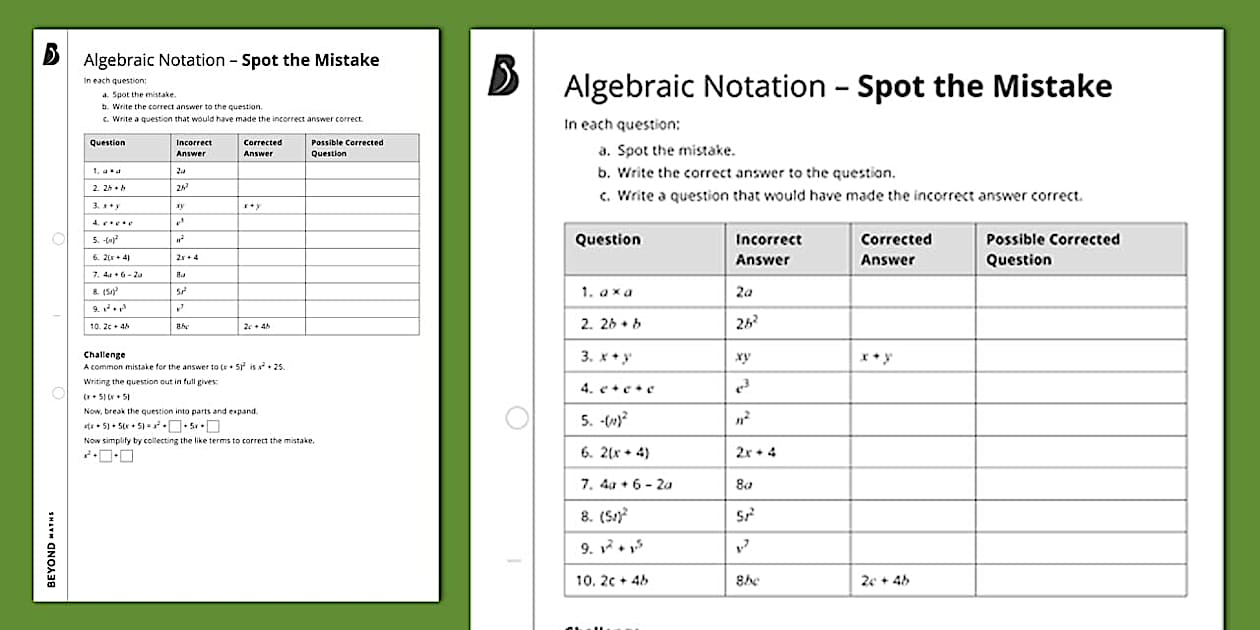 👉 Algebraic Notation Mastery Spot the Mistake - Twinkl