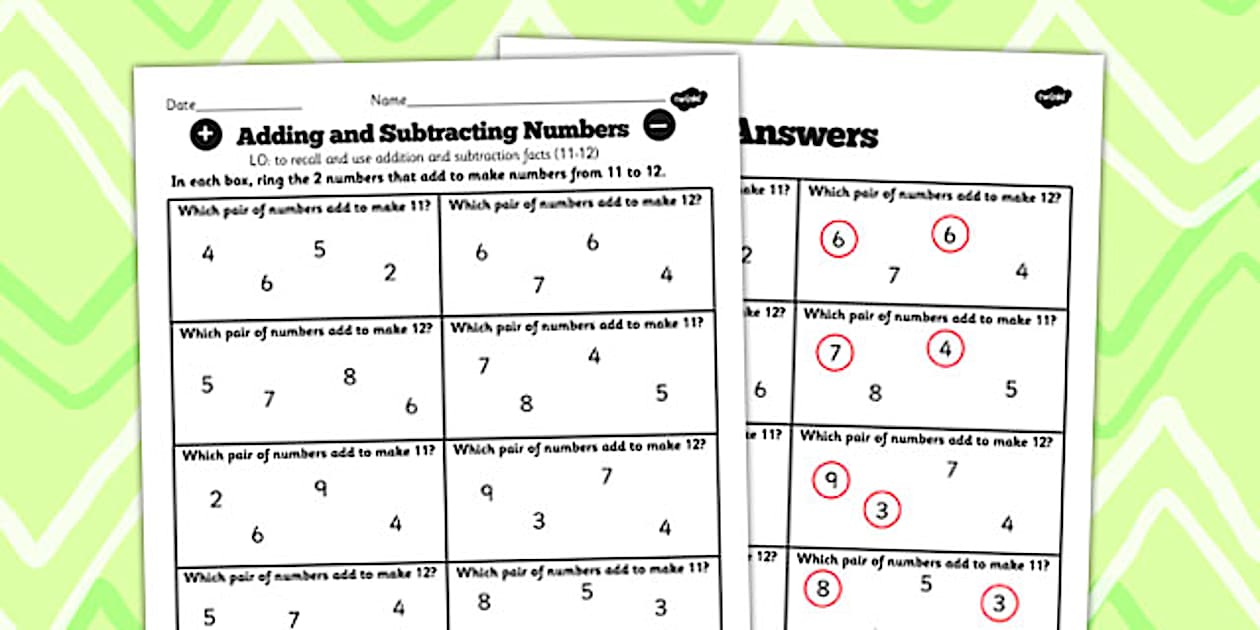Number Facts Finding Pairs Worksheet 11-12 (teacher made)