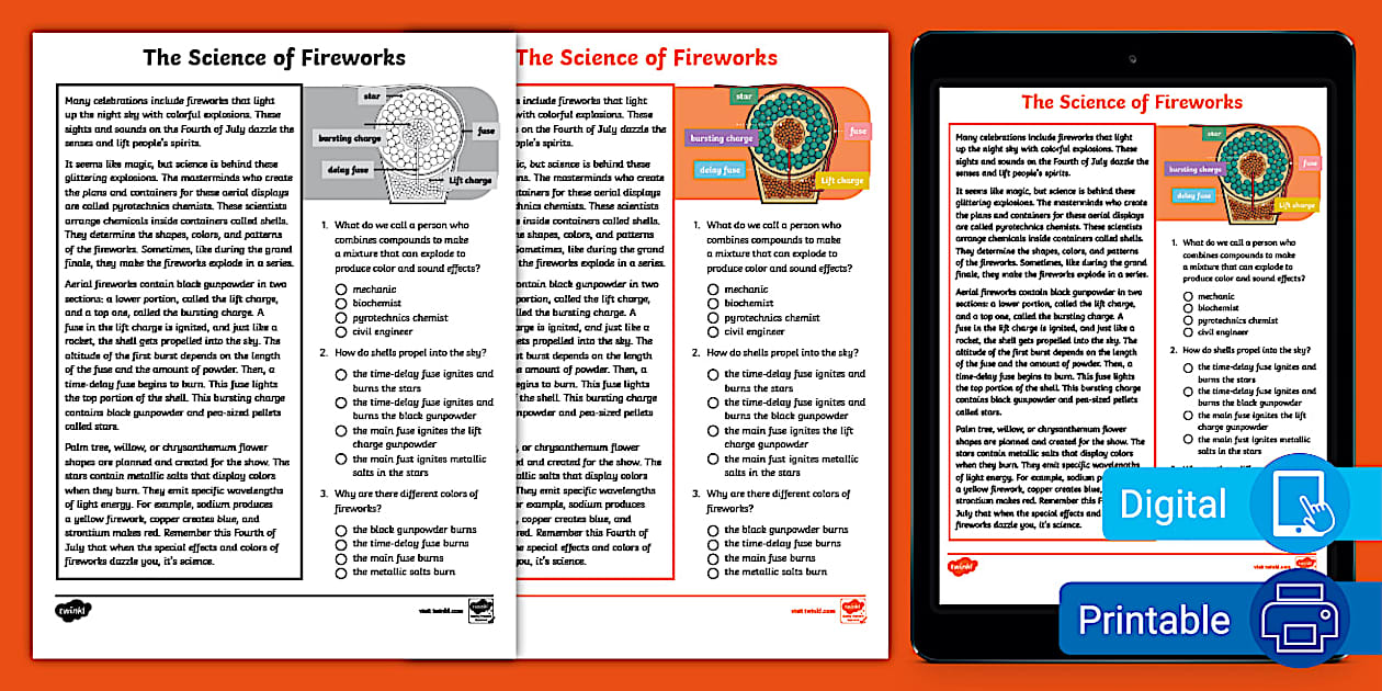 Sixth Grade The Science of Fireworks Reading Passage Comprehension ...